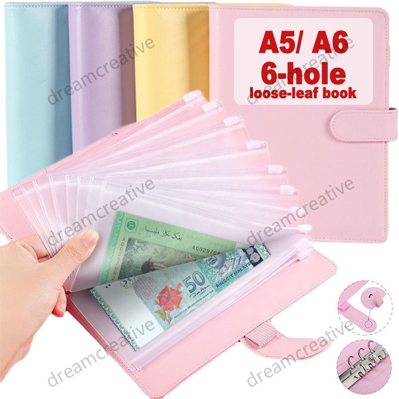 Cash Planner A5/ A6 6 Holes Binder PU Clip-on Leather Loose Leaf Refill Notebook Cover Card ...