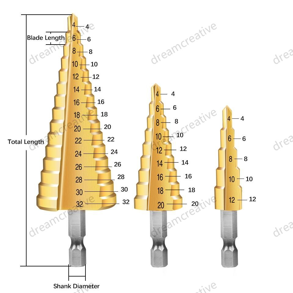 4mm-32mm 6Pcs Gerudi Step Drill Bit Titanium Coated HSS Drill Bit ...