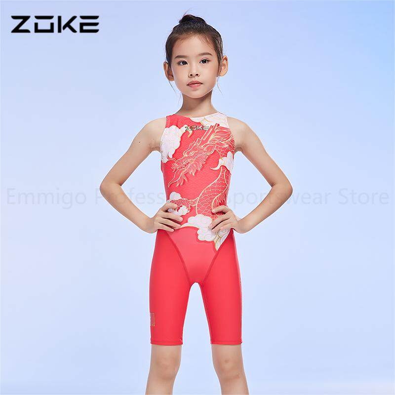 ZOKE Girls Professional Training Swimsuit Breathable Kneesuit Kid One Piece Sporty Swimwear ...