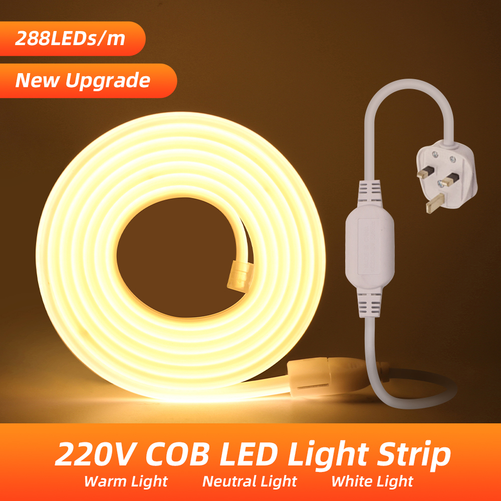 220V Neon Light High Bright COB LED Strip Light 288leds/M UK Plug CRI ...