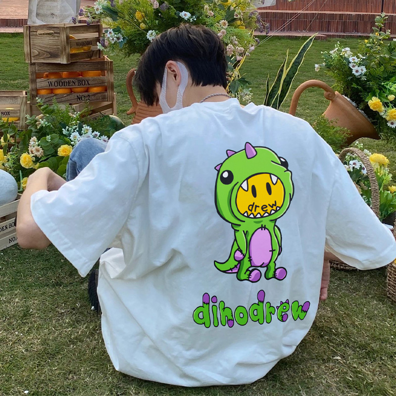 Little Dinosaur Smiley Face Print Drew House T Shirts Cotton Loose O ...