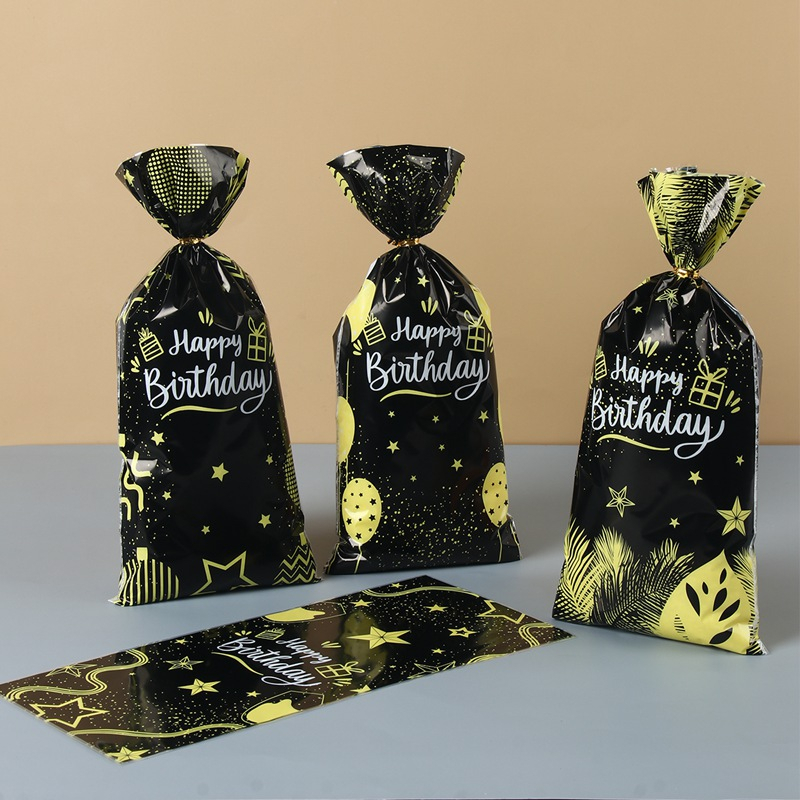 Black Gold Plastic Treat Bags Birthday Decoration Set Happy Birthday ...