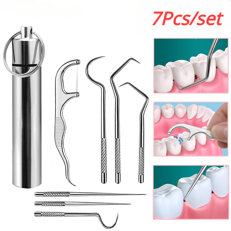 7Pcs Stainless Steel Toothpick Set Tooth Flossing Reusable Toothpicks ...