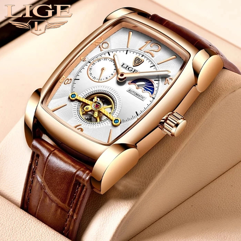 LIGE Luxury Men Watch Square Automatic Watch for Men Tourbillon Clock ...