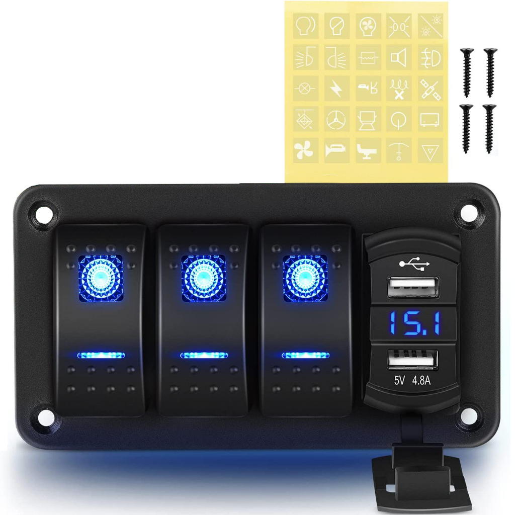 3 Gang Rocker Switch Panel Blue Backlit with 4.8 Amp Dual USB Charger ...