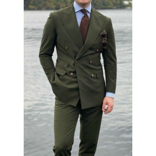 2 Piece Men Double Breasted Army Green Suit Peak Lapel Formal Prom ...