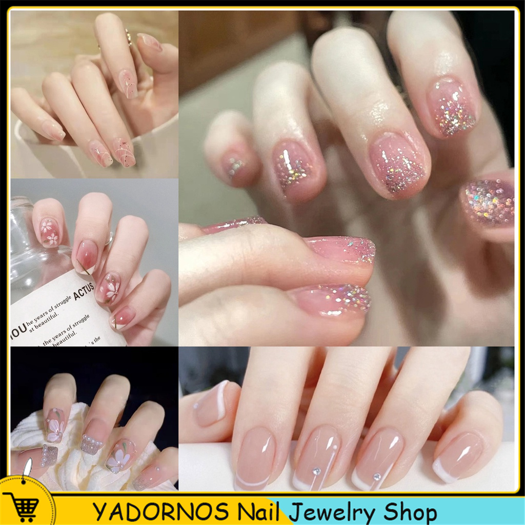 YADORNOS 24Pcs Glossy Pink False Nails Glitter Short Fake Nails for ...