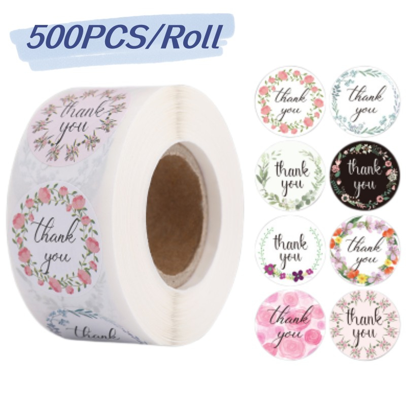 500PCS/Roll Thank You Stickers Labels Stamps Round Floral Multicolor ...