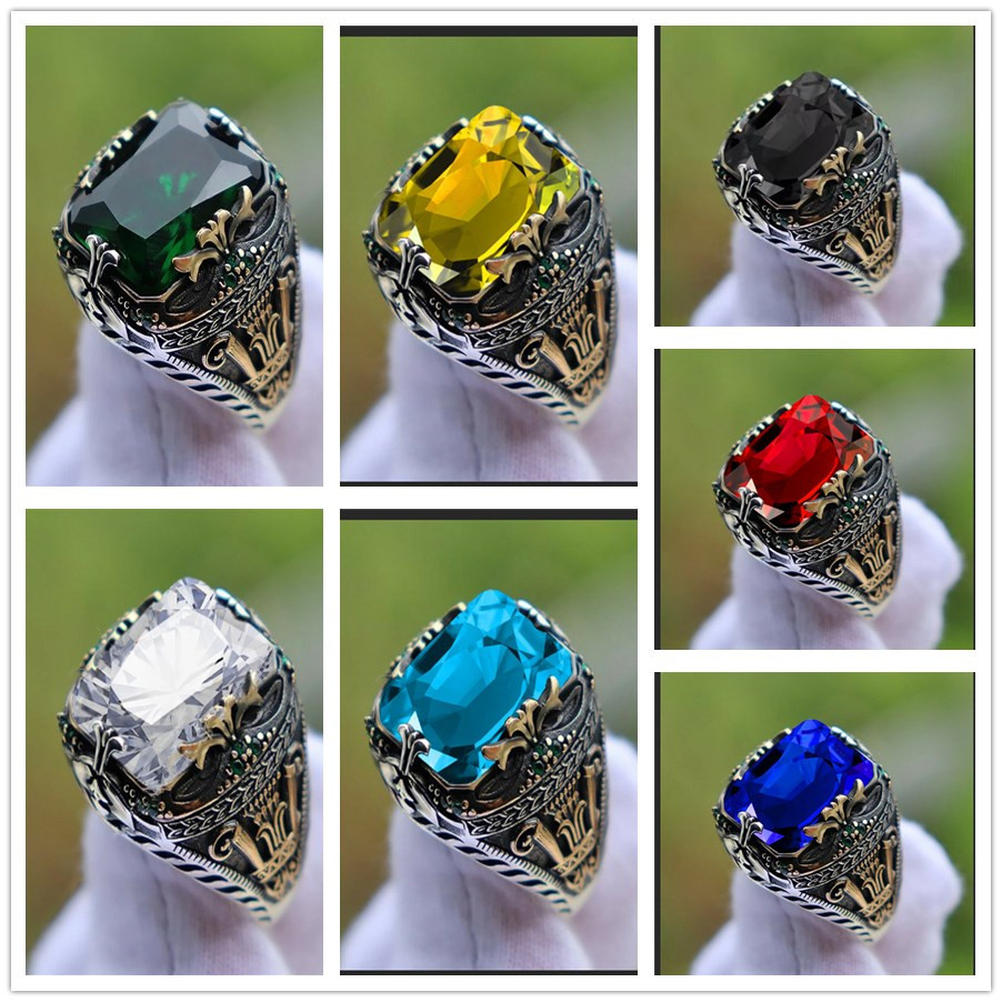 Retro Handmade Turkish Signet Rings for Men Ancient Silver Color Carved ...