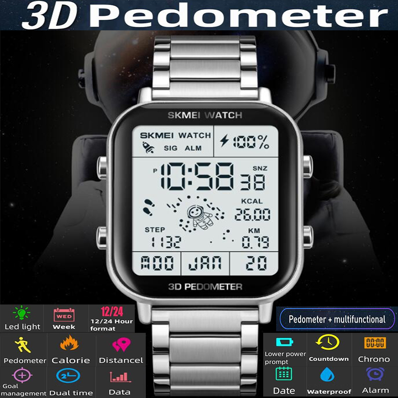 Skmei 3D Pedometer Sports Wristwatch Luxury Steel Strap Men's Fitness ...