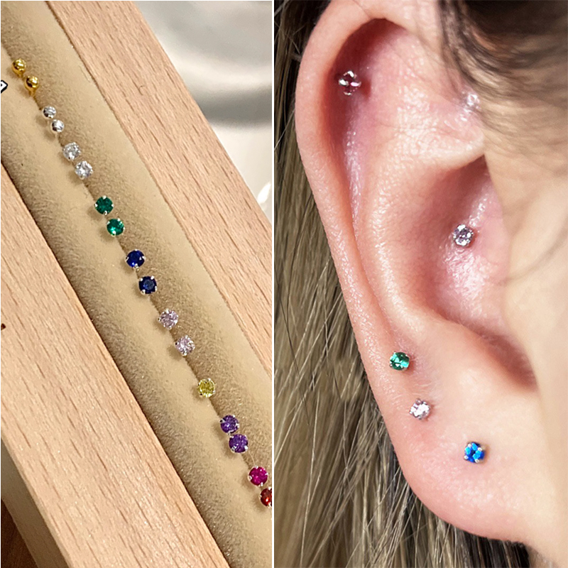 2Pcs S999 Silver Sterling Silver 4A Zircon Ear Stick Earrings Mini ...