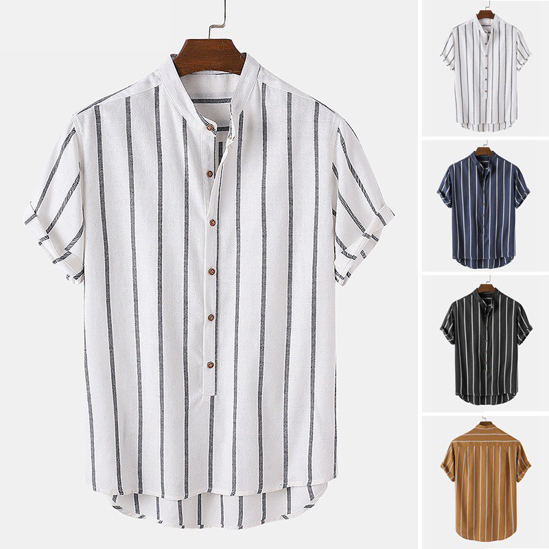 Mens Fashion Striped Short Sleeve Collarless Buttons Down Casual Shirts ...