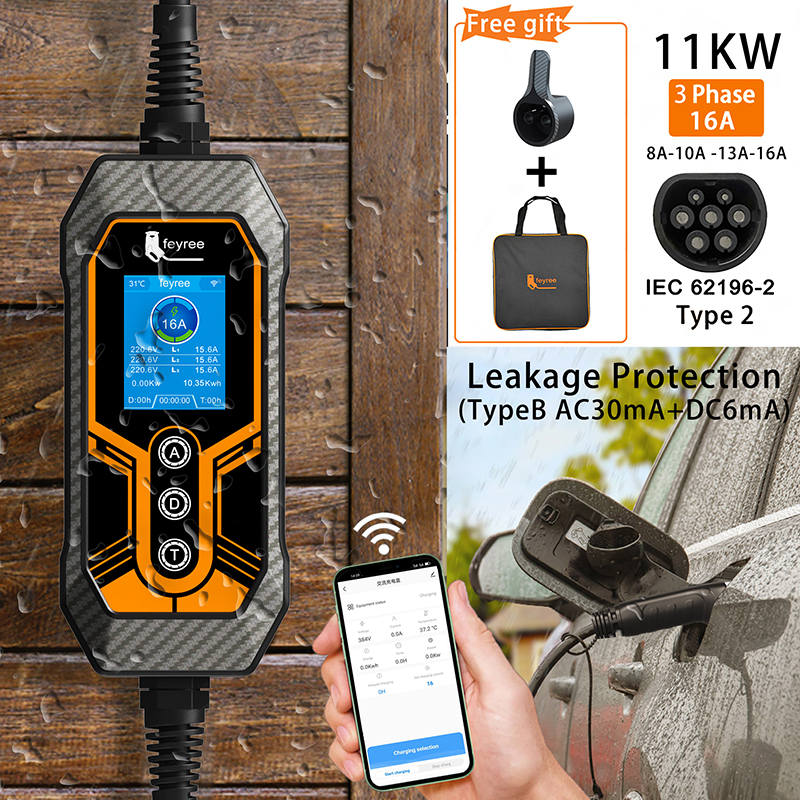 feyree Type 2 Portable EV Charger 11KW 16A 3 Phase Wi-Fi APP Bluetooth Version EVSE Charging ...