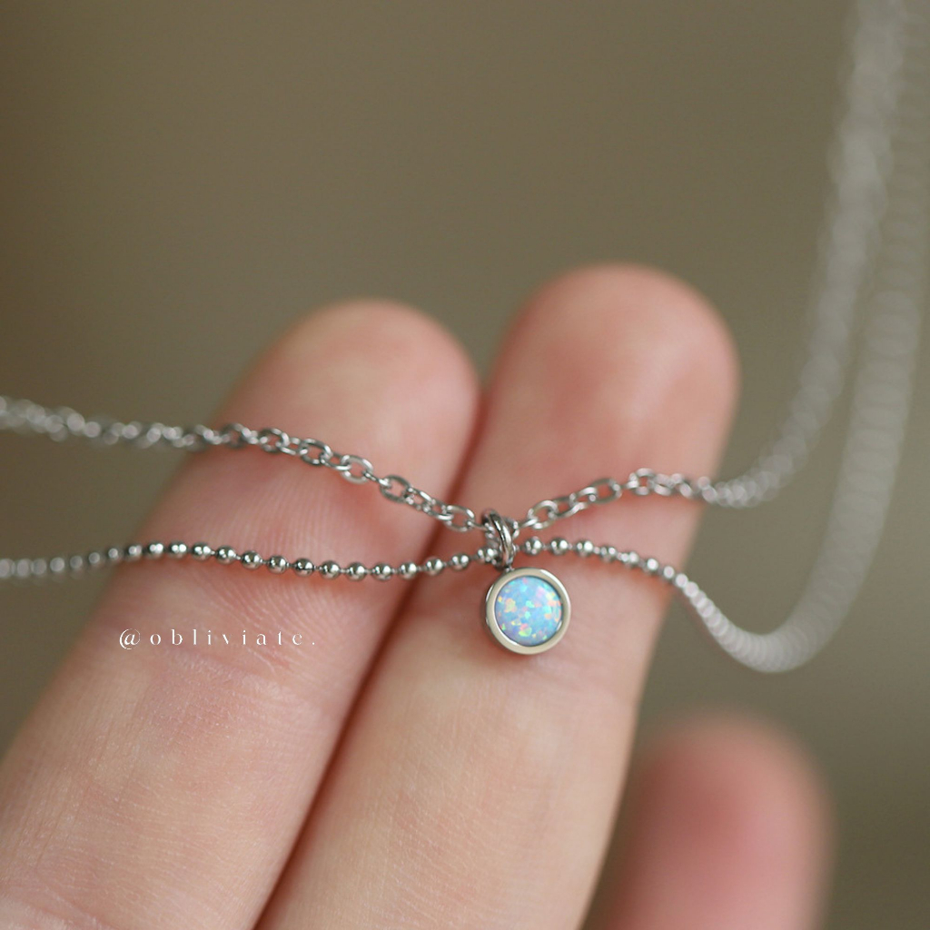 Blue Opal Pendant Double Silver Chain Necklace • Waterproof Non Tarnish ...