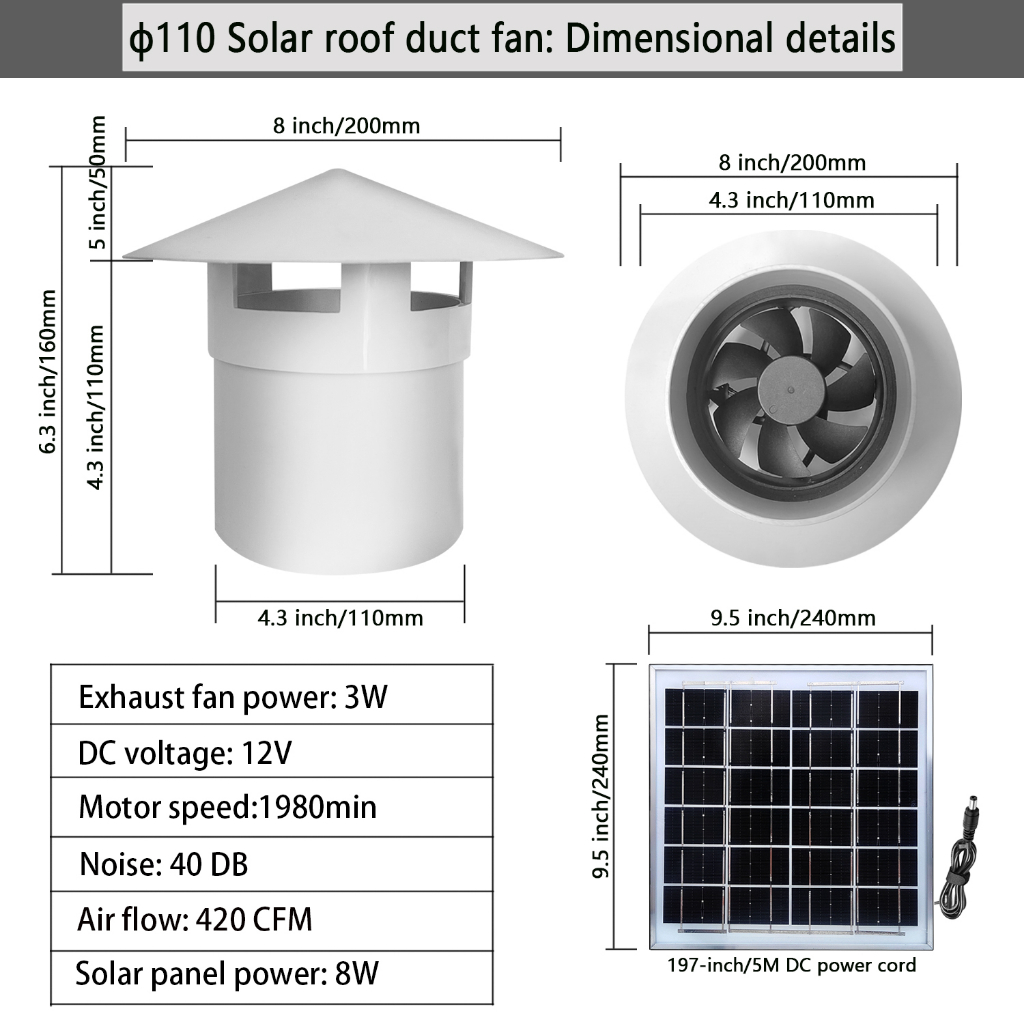 Professional version roof duct fan solar 12V DC inline boost ф 110/160 ...