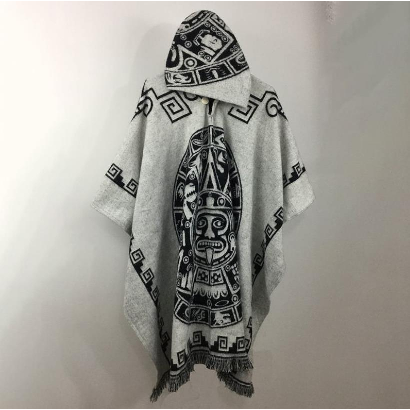 Mens Knit Poncho Vintage Adult Wool Blanket Cloak with Hood Winter ...