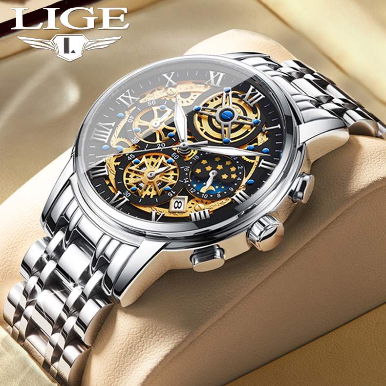 LIGE original jam tangan lelaki stainless steel never fade chronograph ...