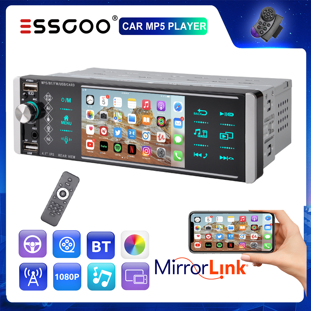 ESSGOO 4.1" Touch Screen Car Player Single 1 Din Multimedia MP5 Player Bluetooth FM Car Radio ...
