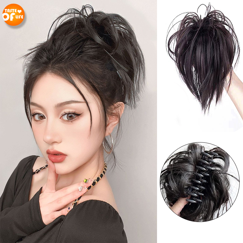 Clip-on Ponytail Wig Messy Braids Wigs 3Colors Fluffy Bun Chignon Hair ...