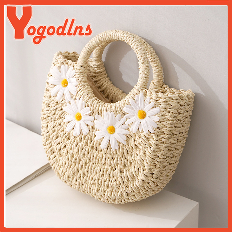 Yogodlns Summer Women Straw Little Daisy Decor Sling Shoulder Bag Half ...
