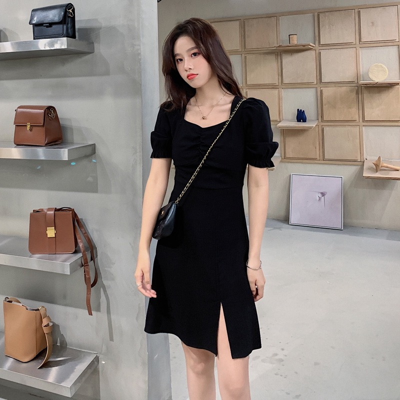 Hepburn Style V-neck Short Sleeve Dress Women Solid Color All-match ...