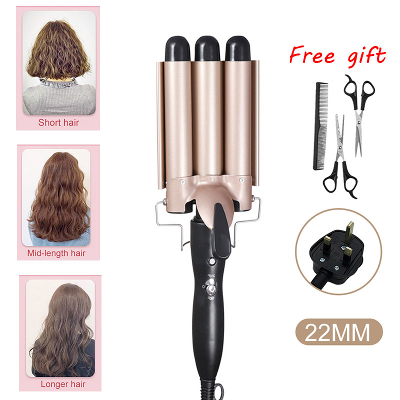 3 Barrel Digital 22mm Ceramic Temperature Adjustable Triple Pipe Hair ...