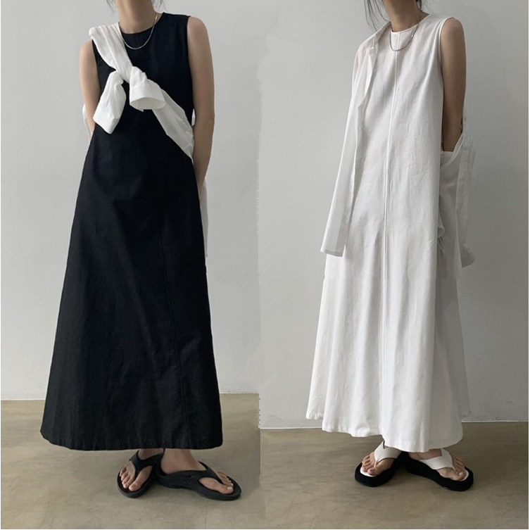 Korean Style Women Plain Round Neck Oversized Sleeveless Maxi Long ...