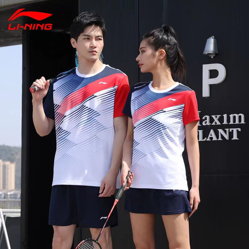 2023 New Li Ning Badminton Suit Competition Suit Men's and Women's Quick Drying Short Sleeve ...