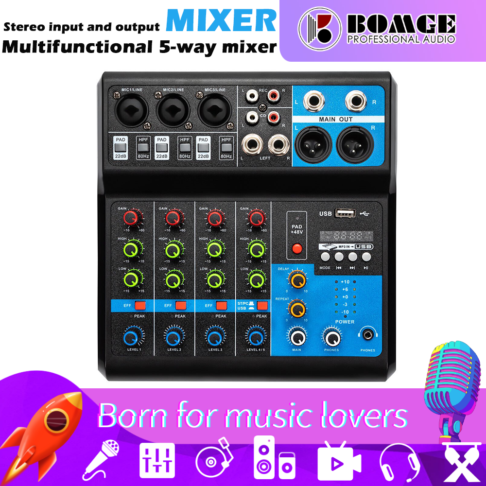 BOMGE MF5-A 5 channel Audio mixer USB Bluetooth professional sound ...