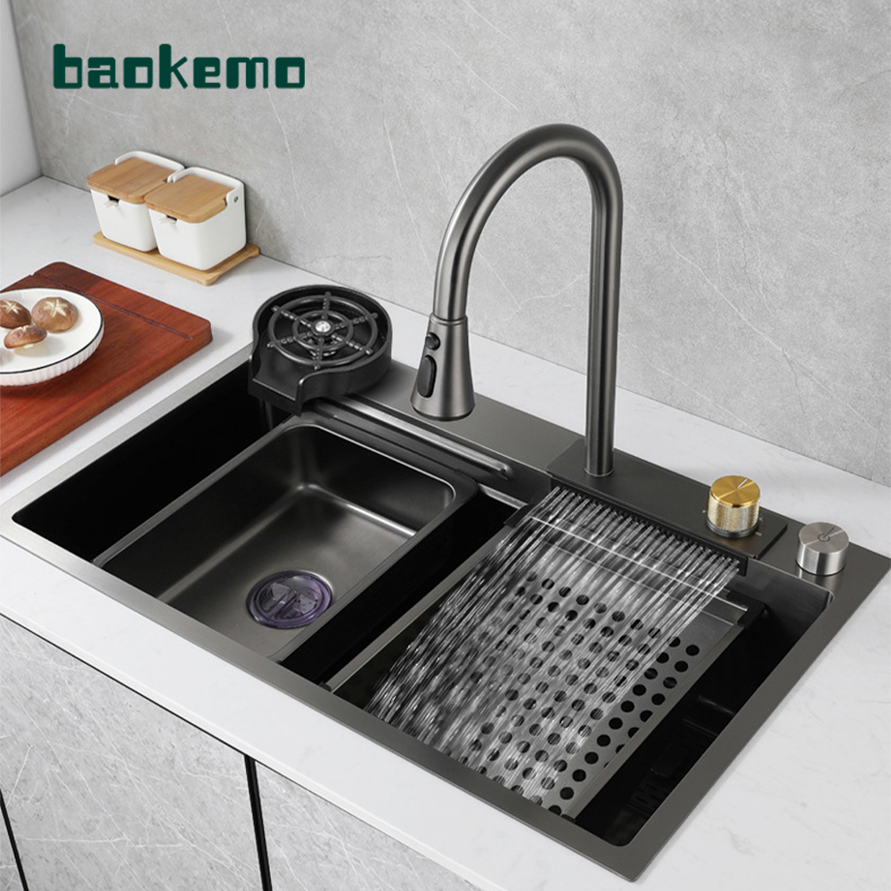 baokemo Kitchen Sink Single Bowl Stainless Steel With Waterfall Faucet ...
