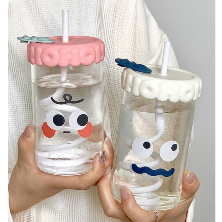 520ml/380ml Cute Glass Cup With Lid and Straw Transparent Bubble Tea Cup Juice Glass Water ...