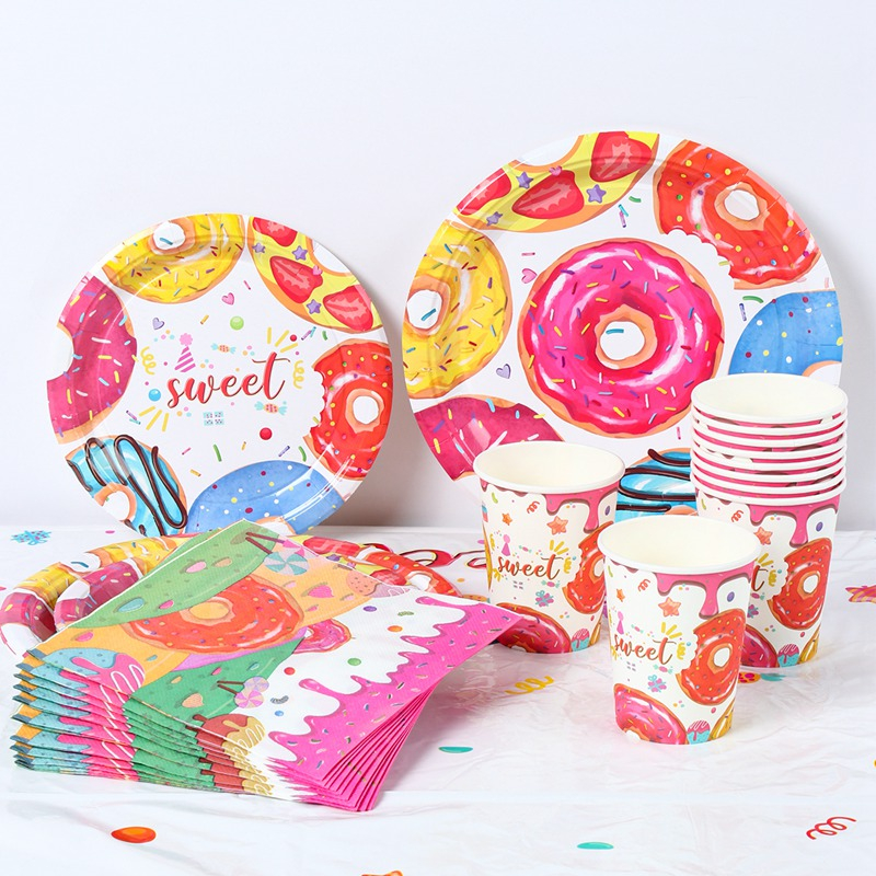 Donut Theme Disposable Tableware Set Paper Plate Disposable Cups Pink ...