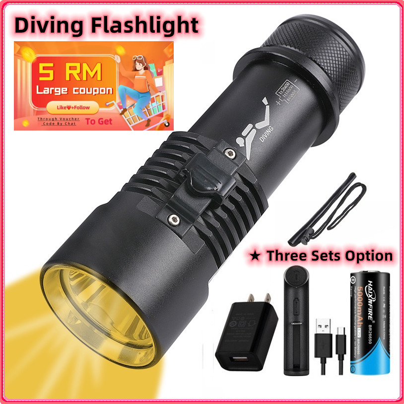 DV57 Diving flashlight XHP70 LED yellow light diving torch light water ...