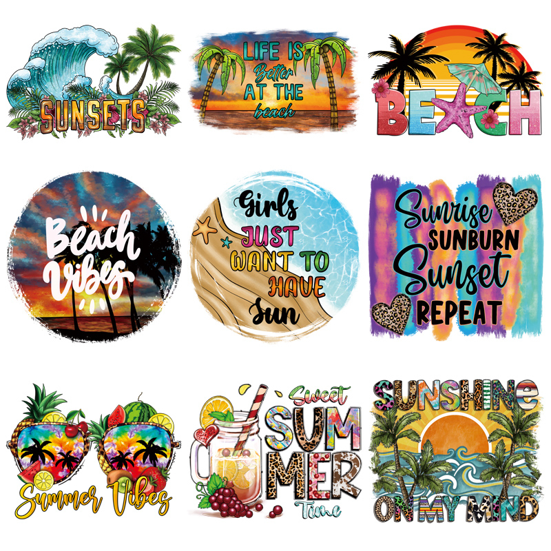 Summer Beach Vibes Patches For Clothes Heat Transfer T-Shirt Parches Ropa Diy Heat-Adhesive ...