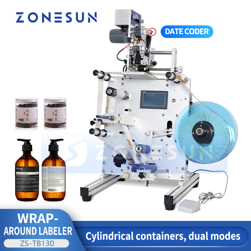 ZONESUN Wrap Around Label Applicator Plastic Tin Can Round Glass Bottle Double Labeling Machine ...