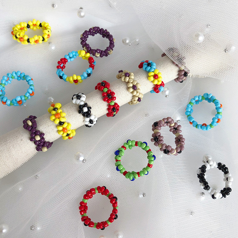 Colorful Beaded Flower Elastic Ring Retro Hyuna Ins Ring Sen Tie Sweet ...