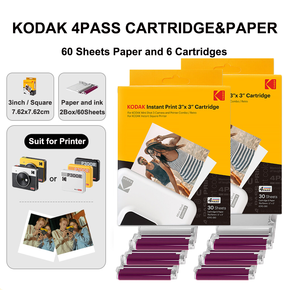 60sheets Kodak 4PASS Cartridge and Paper 3 Inch 7.62x7.62cm Square ...
