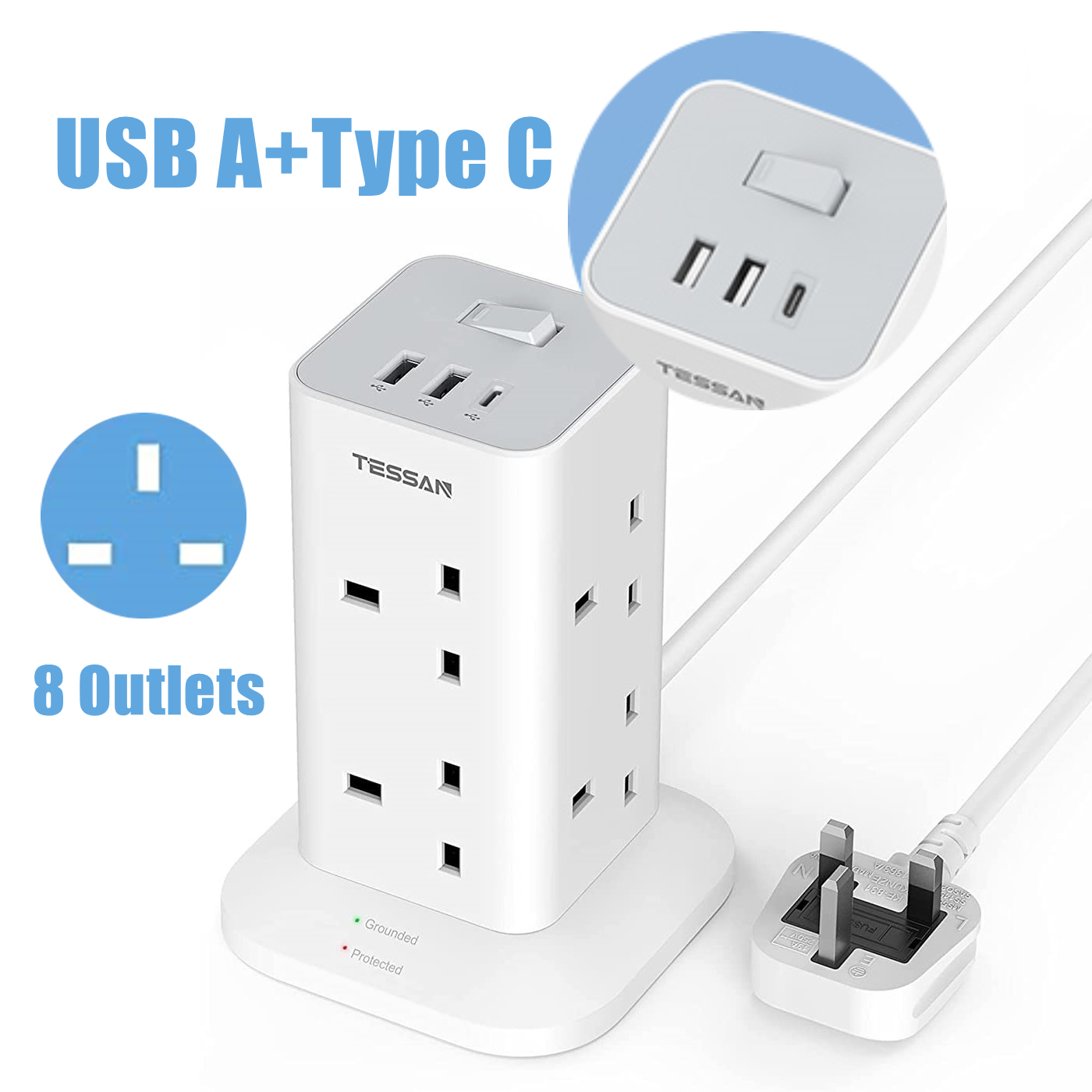 Type C Power Strip Tower 2M Extension Cord with USB Port( 1 USB C ...