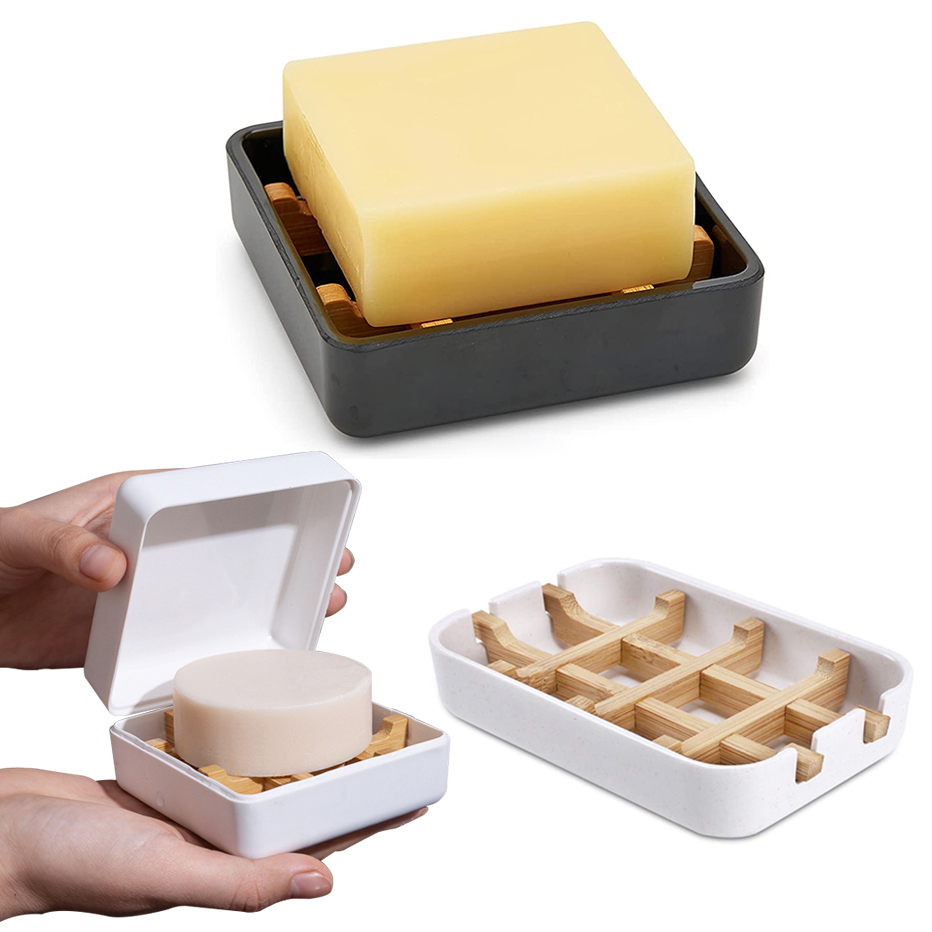 Bamboo Soap Dishes with Cover Square Soap Holder Detachable Portable ...