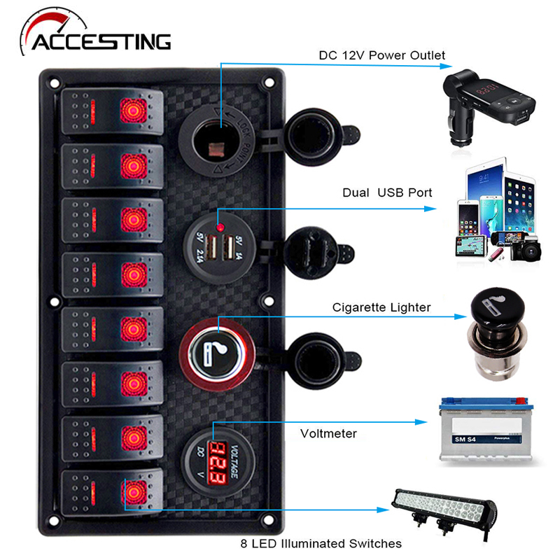 8 Gang Rocker Switch Panel Circuit Breaker Overload Protected Voltmeter ...
