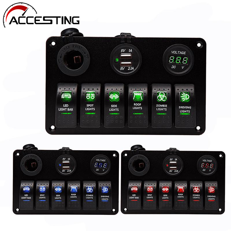 6 Gang Universal Car Switch Panel 12V Voltmeter Dual USB Accessories ...
