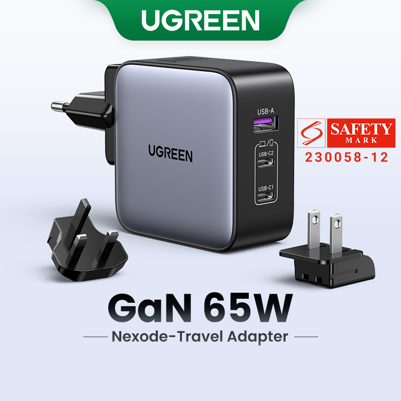 UGREEN 65W GaN PD Fast Travel Charger Quick Charge - 2C1A 2 Type C 1 USB A Charger with UK/EU/US ...