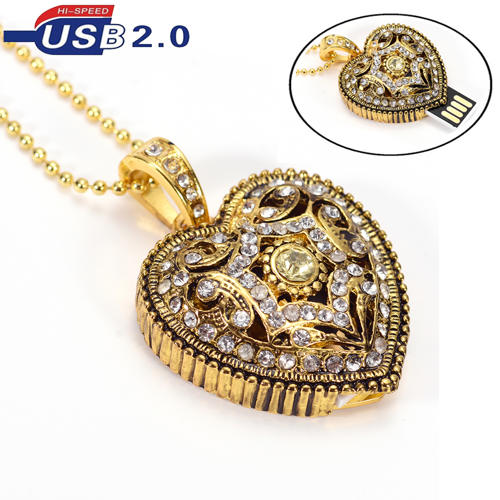 crystal necklace + metal USB flash drive 4GB 8GB 16GB 32GB 64GB external storage memory stick ...