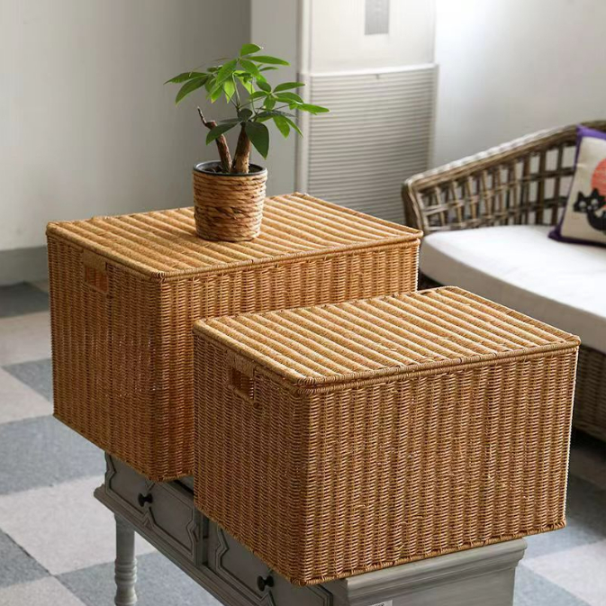 Rattan Basket Storage Box Wicker Woven Straw Storage Basket with Cover ...