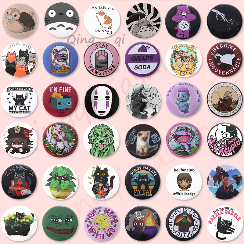 Cartoon Anime Character Animal Round Tinplate Pins Funny Cat Grape Soda ...
