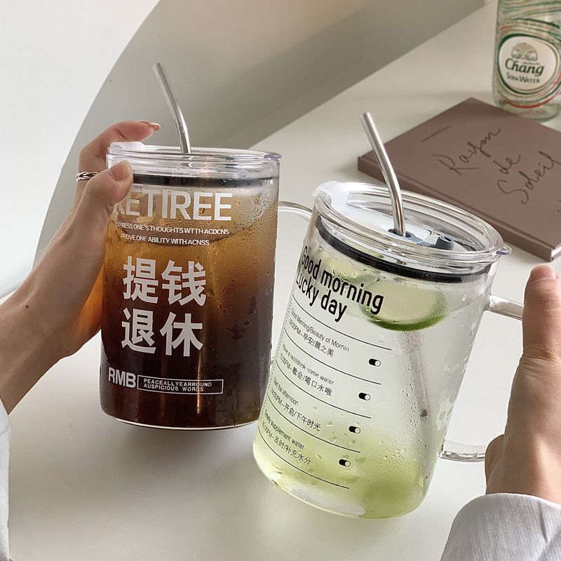 1L Glass Straw Cup Money Cups with Lid Coffee Mugs Big Glasses Drinks ...