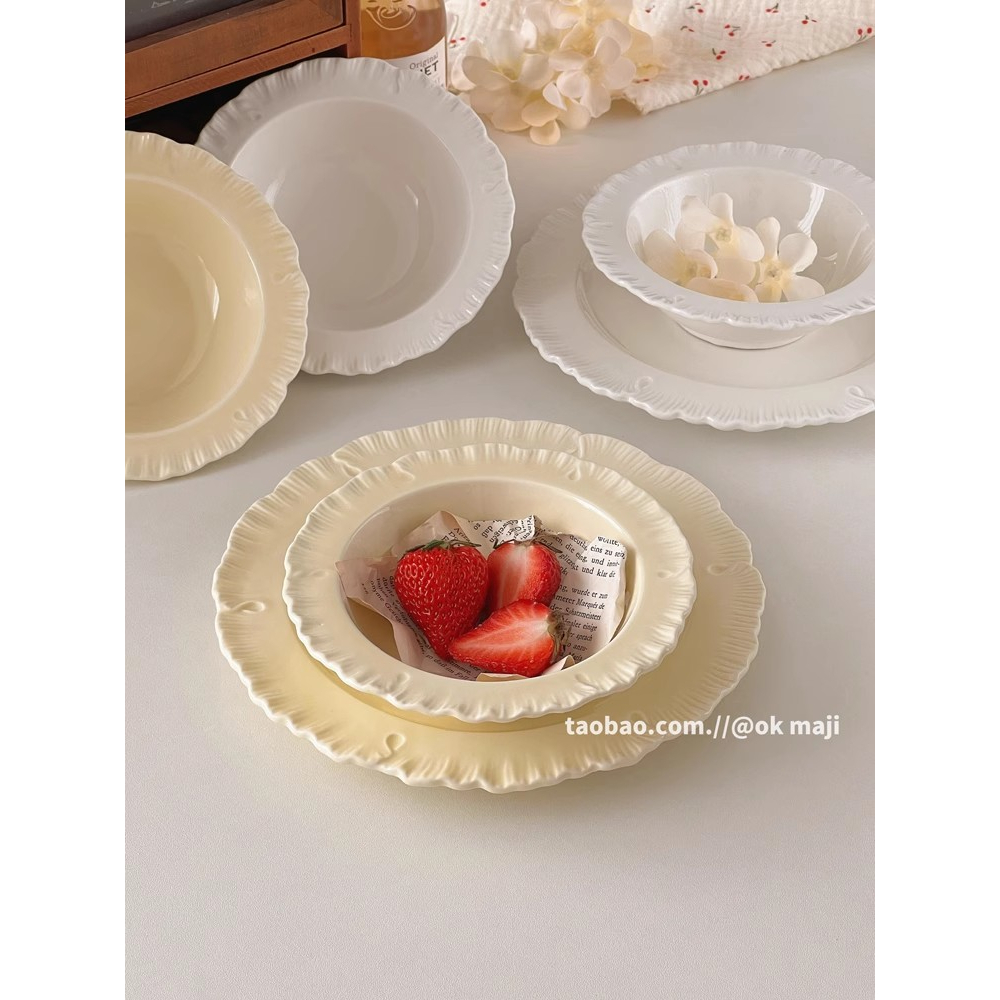 Korean ins Cream Ceramic Cutlery Bowl Plate Household Deep plate ...