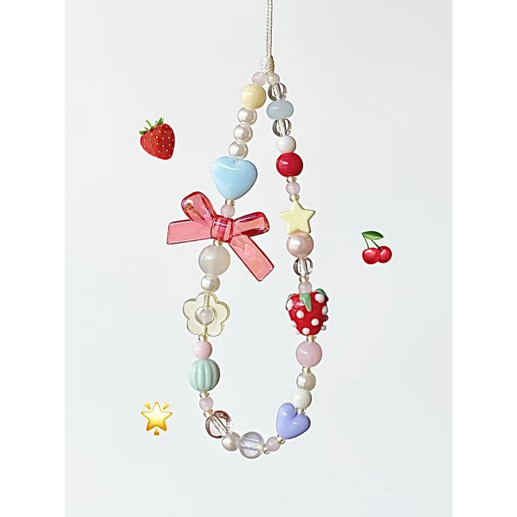 Strawberry Beaded Mobile Phone Chain Niche Cute Fruit Bow Flower Fresh ...