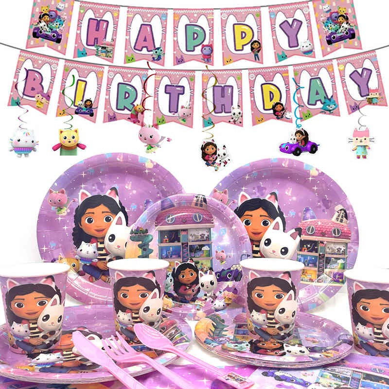 Cartoon Cute Gabby's Dollhouse Disposable Tableware Sets Theme Kids ...
