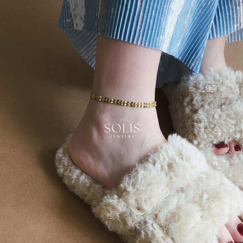 Green Flower Spike Spring Anklet • Waterproof Non Tarnish Jewelry • 18K ...